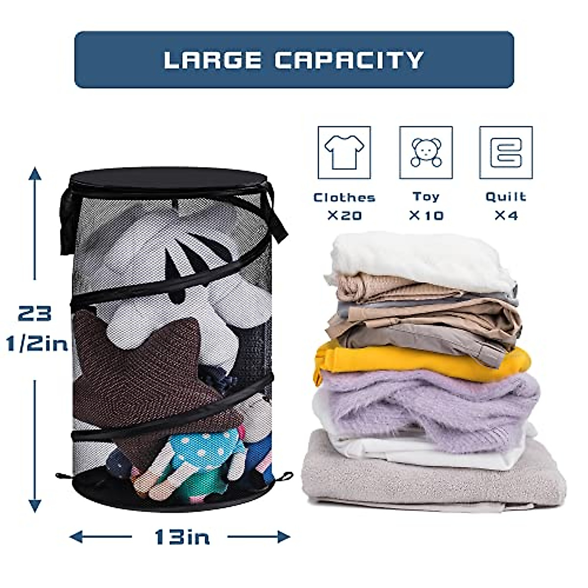 Mesh Collapsible Laundry Hamper with Lid, Large Clothing Storage Bucket with Handles,Dirty Clothes Storage Basket for The Kids Room, College Dorm or Travel (1PCS, Black)