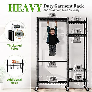HOKEEPER Heavy Duty 6-Tier Metal Clothes Rack with Adjustable Shelves and Lockable Wheels, 860 lbs Capacity, 6 Shelves, 3 Hanging Rods, 2 Hooks, Easy Assembly