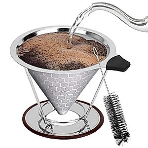 Pour Over Coffee Maker, Stainless Steel Reusable Coffee Filter, Paperless Manual Coffee Cone Filter, Pour Over Coffee Dripper for (1-4 Cup), Fine Mesh Coffee Strainer with Stand and Bonus Brush (1)