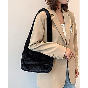 TCHH-DayUp Fluffy Tote Bag for Women Girls Ladies Fuzzy Shoulder Bag Purse Plush Underarm Handbag for Autumn and Winter (Black)