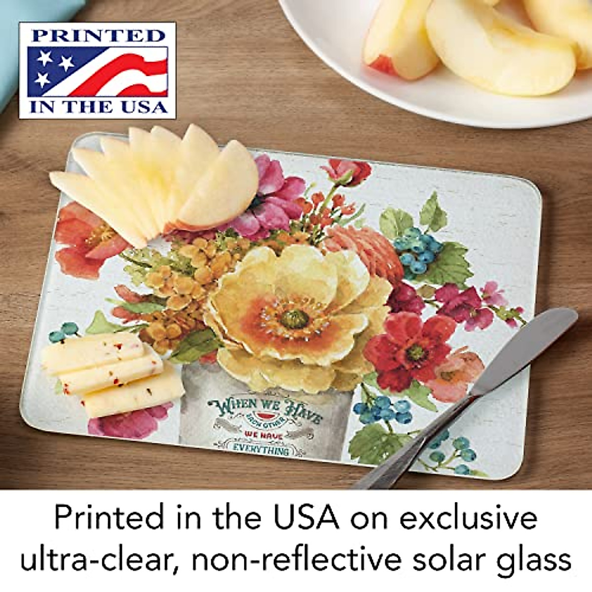 CounterArt Country Fresh Floral Decorative 3mm Heat Tolerant Tempered Glass Cutting Board 10” x 8” Manufactured in the USA Dishwasher Safe