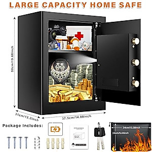 2.4 Cubic Large Fireproof Safe Box with Fireproof Document Bag, Personal Security Home Safe with Removable Shelf, Anti-Theft Lock Box for Documents Money Jewelry Valuables