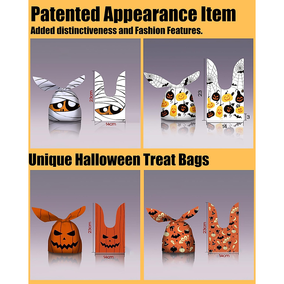 KOCOVIMI 100Pcs Halloween Trick or Treat Bags, 4 Style Patented Appearance Halloween Candy Bags for Kids, Cute Rabbit Ear Halloween Treat Bags Goody Bags Cookie Bags for Halloween Party