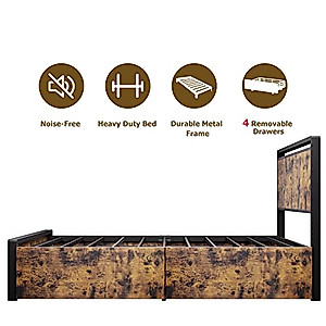 Alkmaar Queen Bed Frame with 4 Storage Drawers and Headboard, Metal Platform Bed with Large Storage Space, up to 700LBS, No Box Spring Needed, Noise Free, Rustic Brown (Queen)