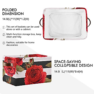 AUUXVA Red Rose Floral Flower Storage Basket Collapsible Cloth Storage Cube Basket Bins Organizer with Handles Rectangular Large Toys Shelf Closet for Nursery Bedroom Home Office