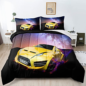BDUCOK Cool Racing Car Comforter Set Queen Size,Sports Car Bedding Set for Kids Boys Teen Adult Extreme Speed Race Bedding Sets Car Theme Bedroom Decor (Car 30012-Queen Size 1Comforter 2Pillowcases)