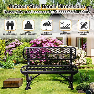 4Ft Outdoor Bench with Back Portable Frame, Outdoor Steel Park Bench with Backrest, Expanded Metal Mesh Bench for Outside, Lawn, Backyard, Park, Deck, Garden, Patio, Porch, Black