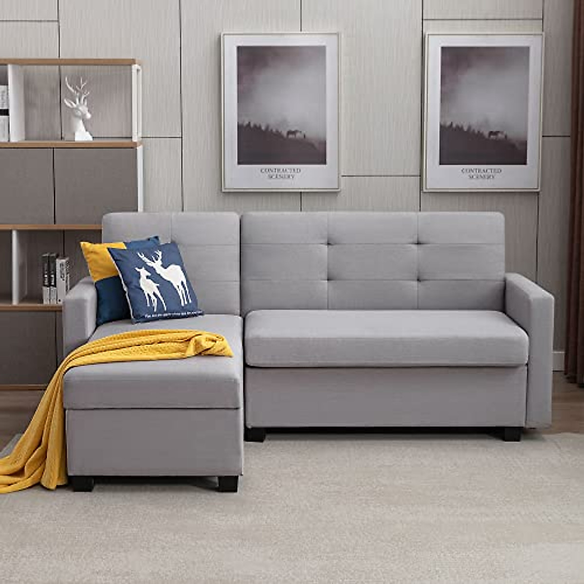 Merax Modern L-Shaped Reversible Couch with Storage Chaise, Sleeper Sofa Bed with Pull Out Mattress for Small Space Light Gray Sectional, Black