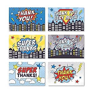 24 Superhero Thank You Cards With Envelopes, Kids Birthday Party or Adult Comic Red Blue Bam Pow Gratitude Supplies For Grad, Baby or Bridal Wedding Shower, For Boy or Girl Children Hero Stationery