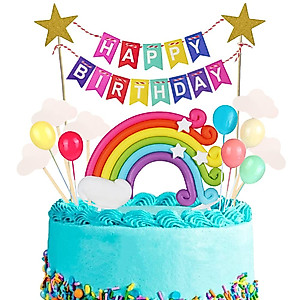 Xihuimay 15pcs Cake Topper Birthday Set Happy Birthday Banner Topper Handmade Cupcake Topper including Colorful Rainbow Clouds Balloon Stars Picks for Boys Girls Birthday Party Decoration