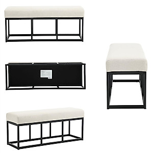 HNY Mid Century Modern Upholstered Kitchen Dining Bench Metal Entryway Bench Seat, 45 Inch Linen Tufted Bench Ottoman Indoor Window Bench for Bedroom End of Bed/Living Room/Mudroom/Narrow/, Cream