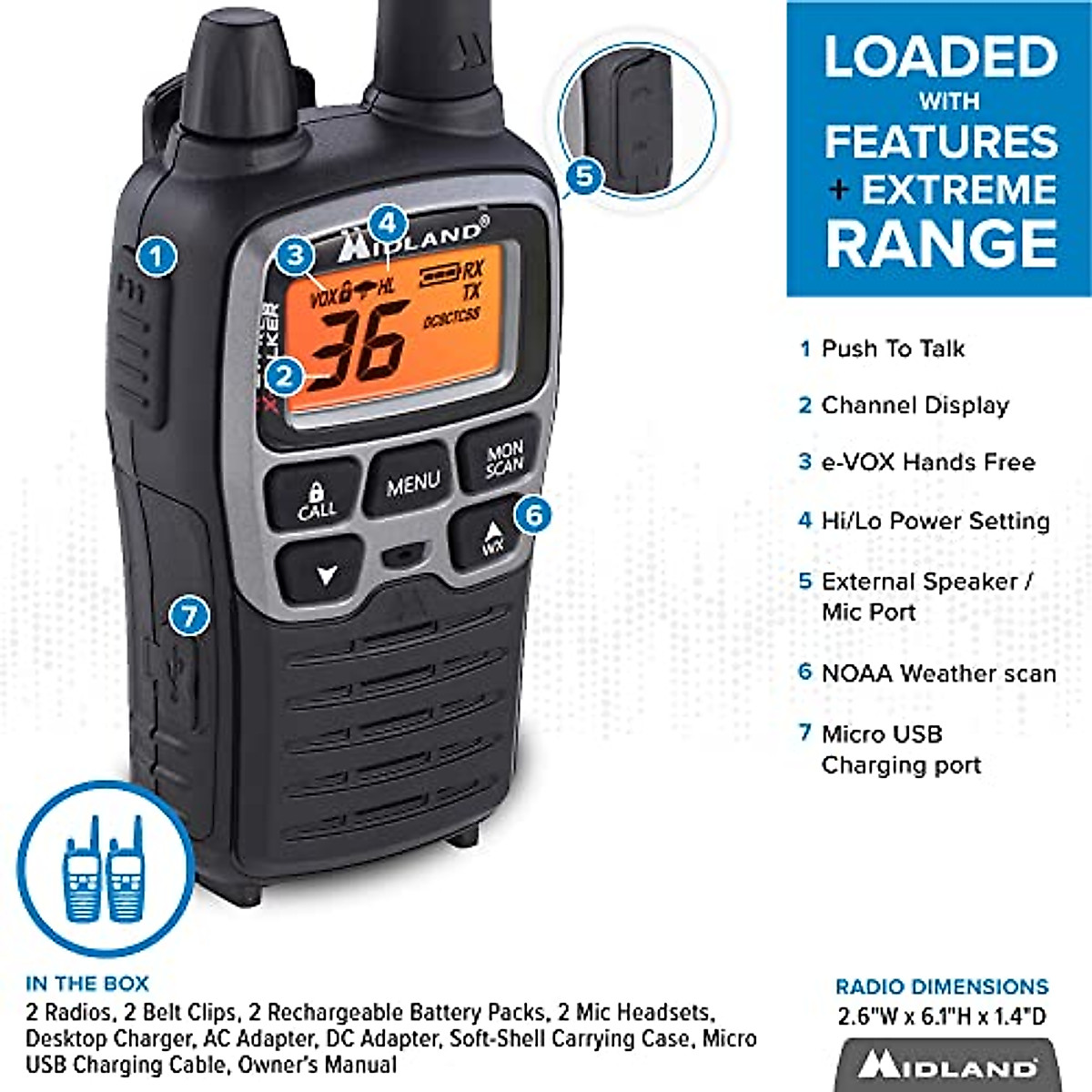 Midland - X-TALKER T77VP5, 36 Channel FRS Two-Way Radio - Up to 38 Mile Range Walkie Talkie, 121 Privacy Codes, and NOAA Weather Scan + Alert (Includes a Carrying Case and Headsets) (Black/Silver)