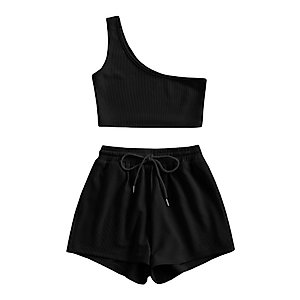 Verdusa Women's One Shoulder Tank Top and Lounge Shorts 2 Piece Tracksuit Set Black M