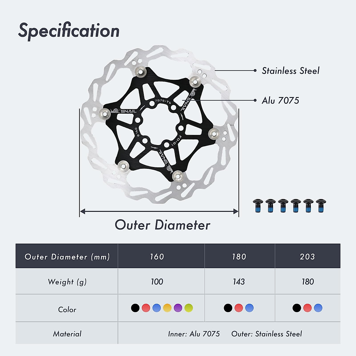 DJC Bike Brake Disc Rotor MTB Floating Brake Disc 160mm 180mm 203mm with 6 bolts Road Bike MTB BMX Steel Aluminum Brake Disc (6# purple, 160mm)
