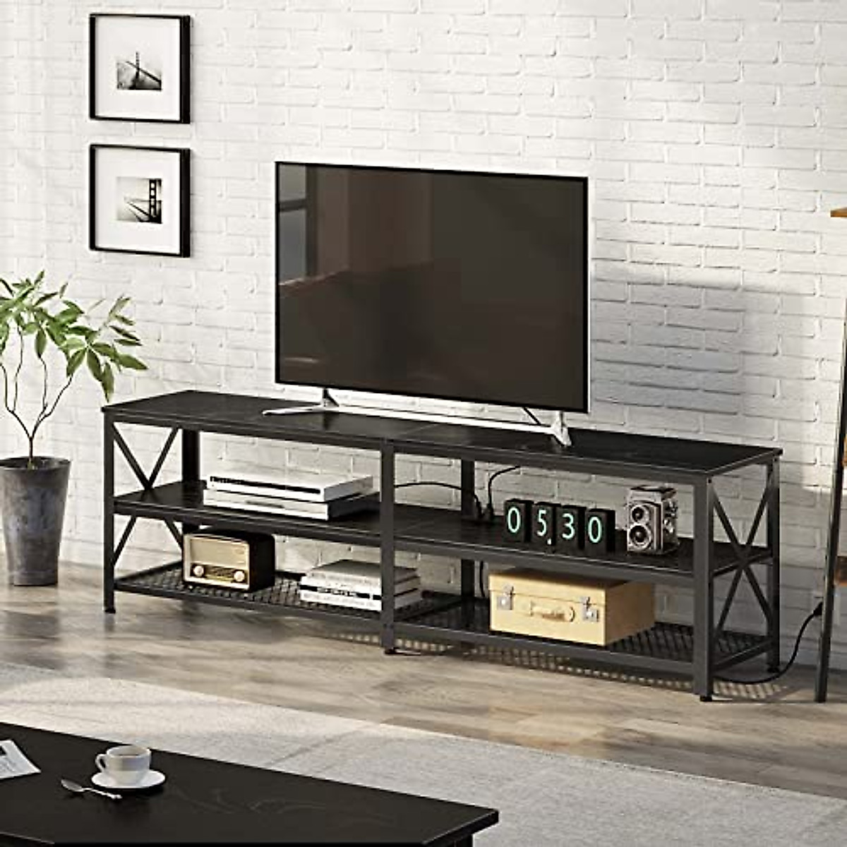 Rolanstar TV Stand with Led Lights & Power Outlets for 32/40/45/55/60/65/70 inch TVs, Entertainment Center with Open Storage, TV Table, 3-Tier Television Stands for Living Room, Black