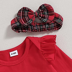 mlpeerw Newborn Baby Girl Christmas Outfit Infant Xmas Dress Clothes Ruffled Long Sleeve Romper Plaid Skirt Headband 3pcs (Red, 9-12 Months)