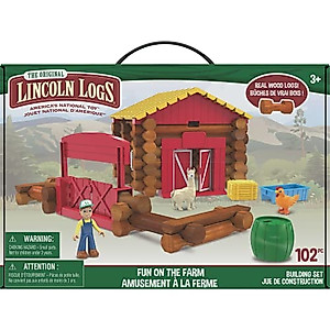 LINCOLN LOGS – Fun On The Farm - 102 Parts - Real Wood Logs - Ages 3+ - Best Retro Building Gift Set for Boys/Girls – Creative Construction Engineering – Top Blocks Game Kit - Preschool Education Toy