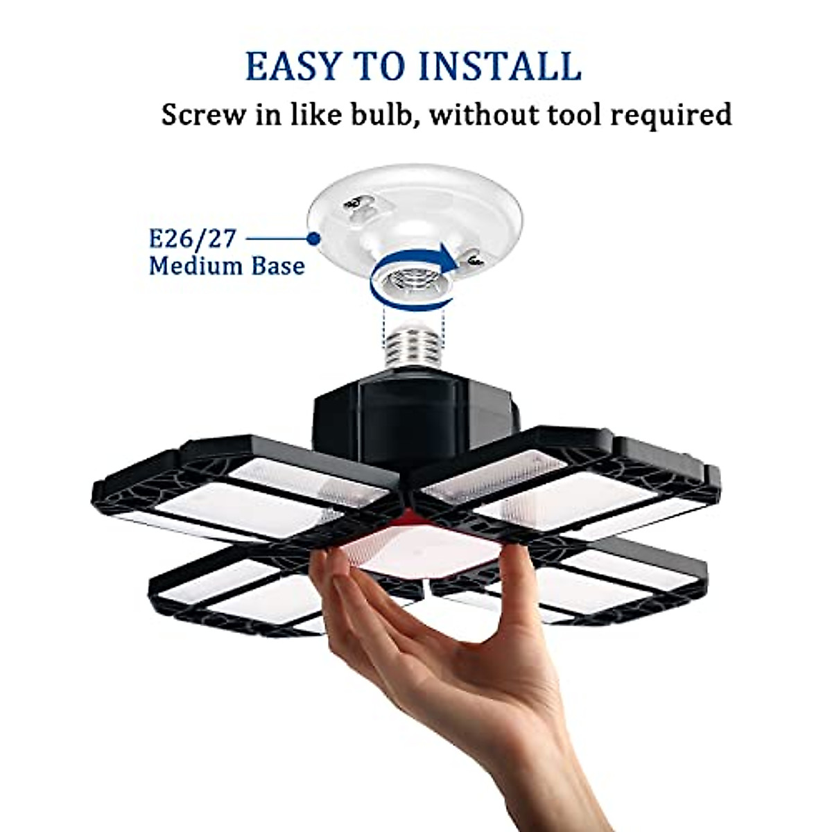 HBESTIE LED Garage Lights, 180W Deformable LED Shop Lights with 12 Adjustable Multi-Position Panels, 18000LM 6500K Warehouse LED Garage Ceiling Lights,E26 E27 Base Bay Light for Workshop,Barn,Yard