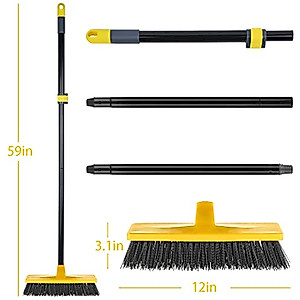 Push Broom Outdoor Indoor Broom 12" Wide,59" Long Handle with Stiff Bristles for Cleaning Scrubbing Deck Driveway Yard Patio Wood Stone Tile Floor