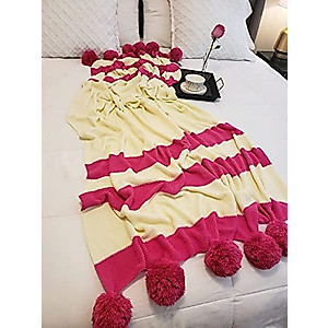 Knit Pink Throw Blankets for Couch- 50x60 Inches , Reversible Woven Cotton Striped Soft Throw Blanket for Bed with Pom Pink & Cream Full