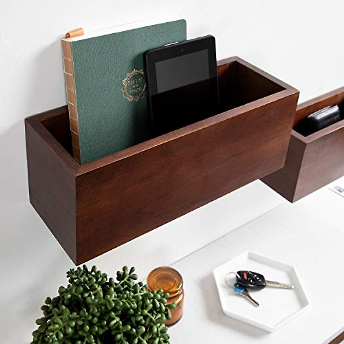 Kate and Laurel Domio Mid-Century Pocket Wall Organizer, Set of 2, Walnut Brown, Wood Office Organizer for Wall