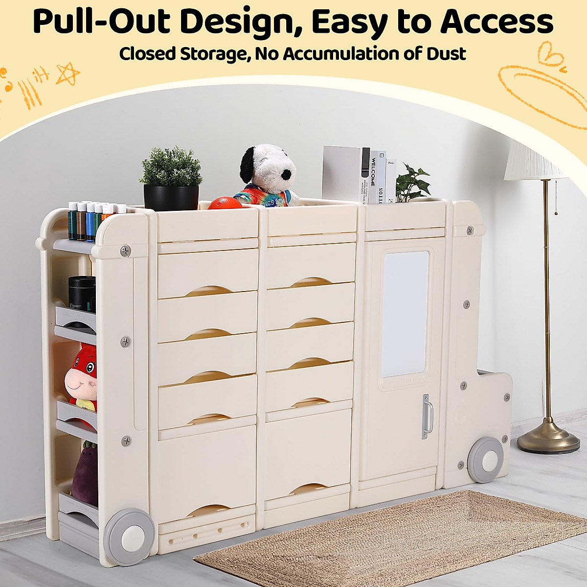 Arlopu Kids Toy Organizers and Storage Bins, Multi-Layer Storage Cabinet Organizer, Multipurpose Bookshelf and Toy Box, 1 Closed Cabinet & 10 Pull-Out Drawer for Playroom, Nursery, Large