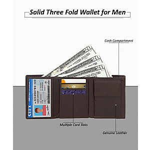 Leatherboss Genuine Leather Boys Slim Compact Flap Id and Coin Pocket Trifold Wallet for men women, Dark Brown
