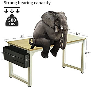 SURMIO 63 inch Computer Desk,Large Home Office Desk Modern Wood Writing Table Rustic Gaming Desk Sturdy Extra Thick Wooden Desktop Thicker Metal Frame PC Workstation with Storage Bag and Hooks,White