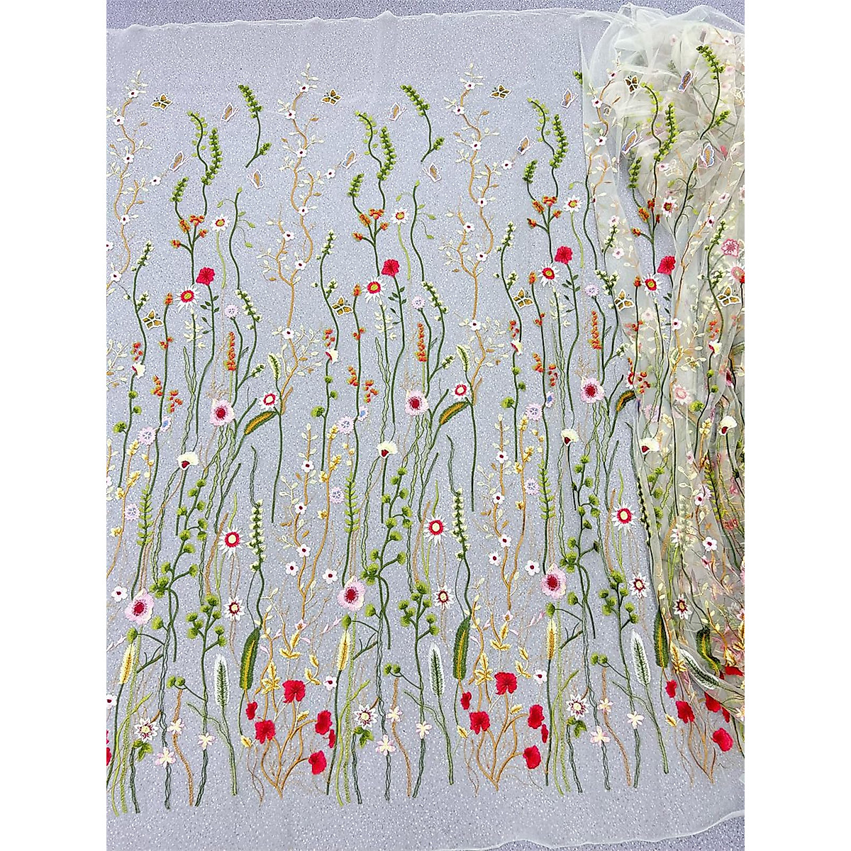 Buchuang Lace Fabric, 2 Yards Beautiful Seaweed Floral Embroidery Lace Tulle Fabric White Mesh Fabric DIY Wedding Sewing AccessoriesParty Dress (White mesh)