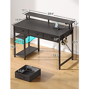 Rolanstar Computer Desk with Power Outlets & LED Light, 39 inch Home Office Desk with 3 Drawers and Storage Shelves, Writing Desk with Monitor Stand, Modern Work Desk for Home Office, Carbon Black