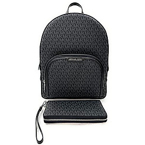 Michael Kors Jaycee Large Backpack School Bag Bundled JST Continental Wristlet Wallet (Black Signature)