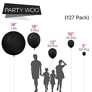 PartyWoo Black Balloons, 127 pcs Matte Black Balloons Different Sizes Pack of 36 Inch 18 Inch 12 Inch 10 Inch 5 Inch Black Balloons for Balloon Garland or Balloon Arch as Party Decorations, Black-Y18