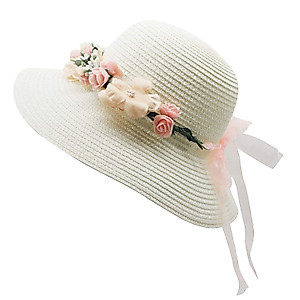 Lovful Fashion Flower Lace Ribbon Wide Brim Caps Summer Beach Sun Protective Hat Straw Hats for Women, White