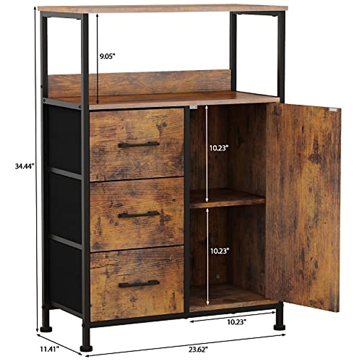 Furnulem Industrial Storage Cabinet with 3 Drawers and Door,2 Tiers Shelves Wood Floor Cabinet with Sturdy Frame for Bathroom,Entryway,Office,Kitchen