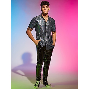 WDIRARA Men's 70s Sparkly Disco Top Crocodile Pattern Metallic Rave Button Front Shirt Short Sleeve Party T Shirt