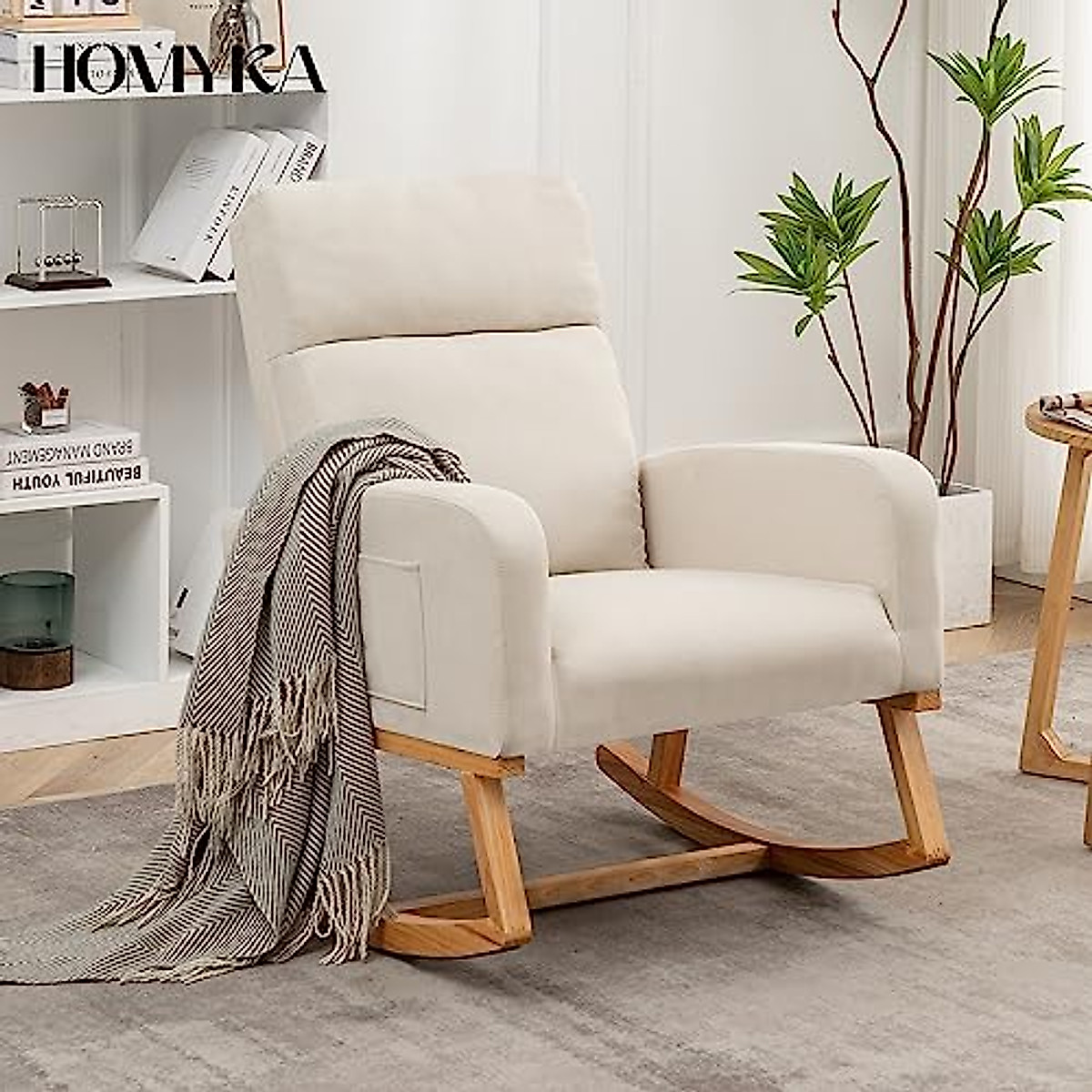 HOMYKA Rocking Chair Nursery Upholstered Glider Chair with Rubber Wood Legs Side Pocket, Rocker Accent Armchair for Living Room,Beige