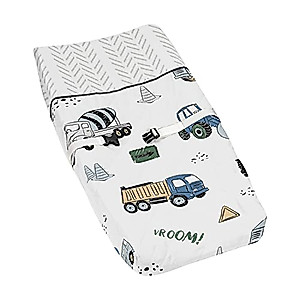 Sweet Jojo Designs Construction Truck Boy Baby Nursery Changing Pad Cover - Grey Yellow Black Blue and Green Transportation Chevron Arrow