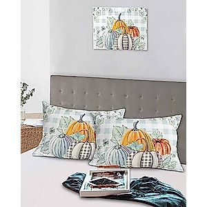Thanksgiving Pillow Covers Standard Size Set of 2 Bed Pillow, Farmhouse Teal Plaid Fall Pumpkin Maple Leaves Plush Soft Comfort for Hair/ Skin Cooling Pillowcases with Envelop Closure 20''x26''
