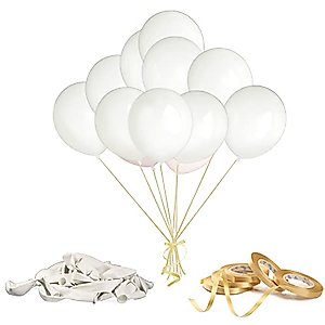 White Balloons - 50-Pcs Set Pearl White Balloons with Gold Ribbon – 12-Inch Large White Balloons for Bridal Shower, Wedding, Baby Shower, Party - White Latex Balloons