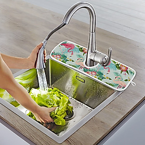 Tatenale Sink Splash Guard Faucet Mat for Kitchen Sink Mat Faucet Handle Drip Catcher Drain Mat for Kitchen Bathroom Countertop Absorbent Microfiber Dish Drying Mat Flamingo 2pack