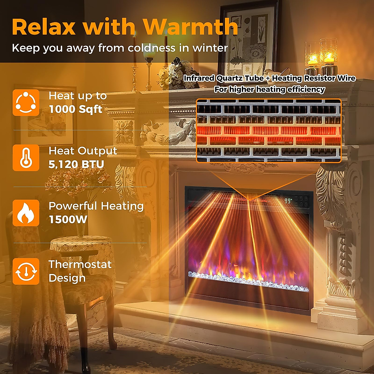 COSTWAY Electric Fireplace Inserts 23-inch Wide, 1500W Recessed Fireplace Insert with Remote Control, 6 Flame Colors, 5 Brightness, 8H Timer, Overheat Protection, Infrared Fireplace Heater for Indoor