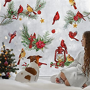 Mfault Winter Cardinals Window Clings 9 Sheets, Christmas Red Birds Glass Stickers Decal Poinsettia Pine Cone Bedroom Decorations, Xmas Kerosene Lamp Tree Branches Home Kitchen Living Room Decor