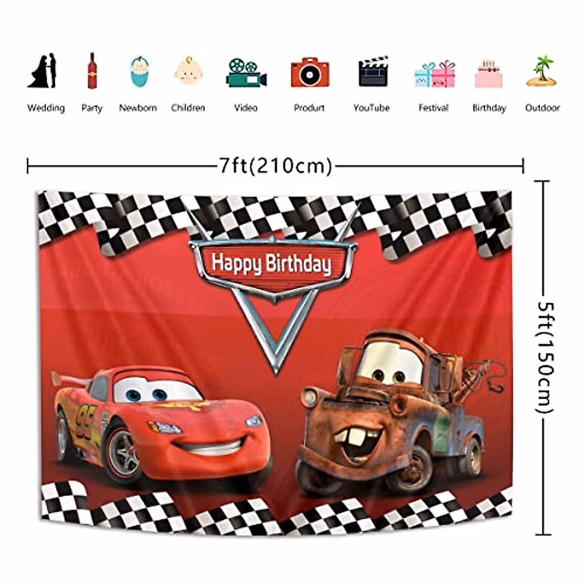 Botong 7x5ft Cartoon Car Birthday Party Themed Backdrops Car Racing Story Black White Grid Red Photo Backgrounds for Photography Birthday Party Banner