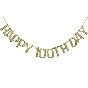 Happy 100th Day Banner Sign Gold Glitter for Baby Birthday Baby Shower Party Decorations Anniversary Decor Photo Booth Props