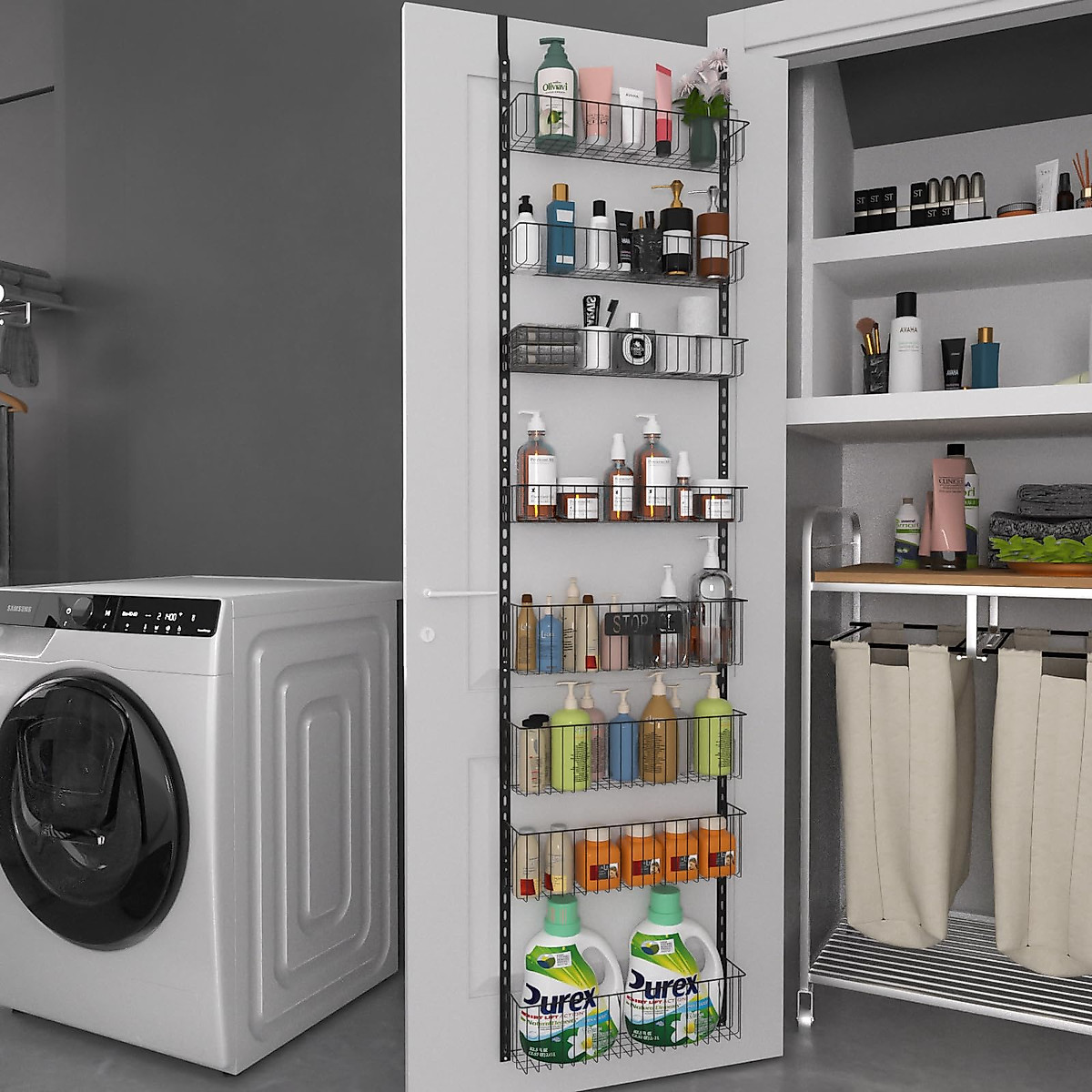 Shengsite 8-Tier Over the Door Pantry Organizer, Heavy-Duty Metal Pantry Door Organizer with 4 Long and 4 Short Baskets, Dual-use Hanging or Wall Mount Spice Rack Organizer, Black