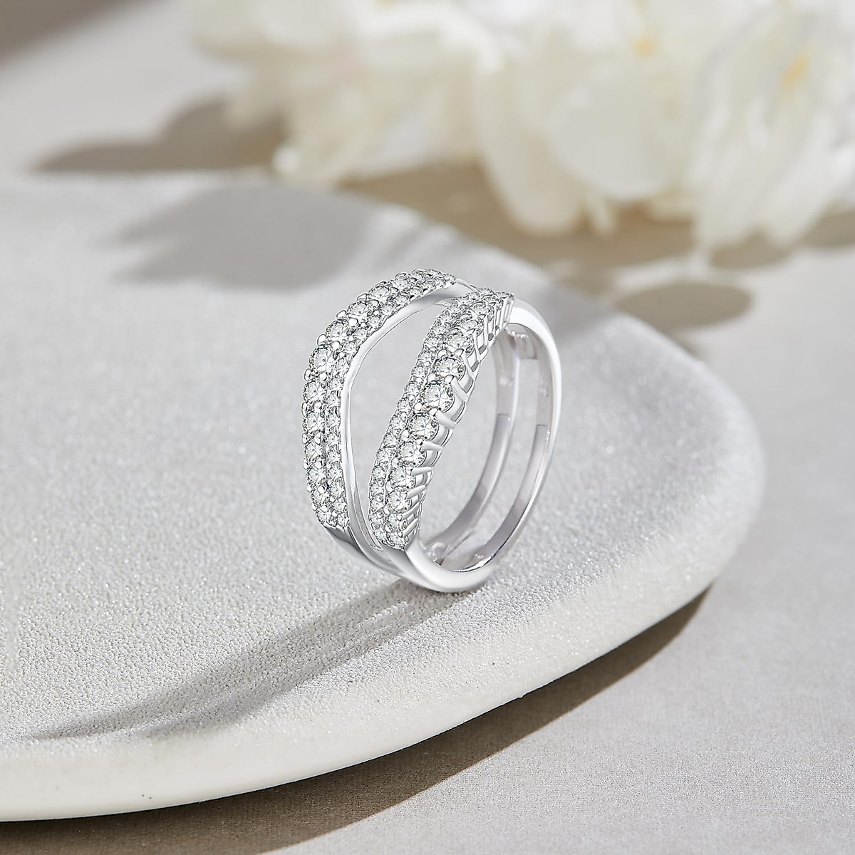 AFFY 1 Ct. Round Double Row Pave Set Curved Enhancer Guard Bridal Wedding Engagement Ring In 14K White Gold Over Sterling Silver With Cubic Zirconia, Gift For Her Ring Size -8