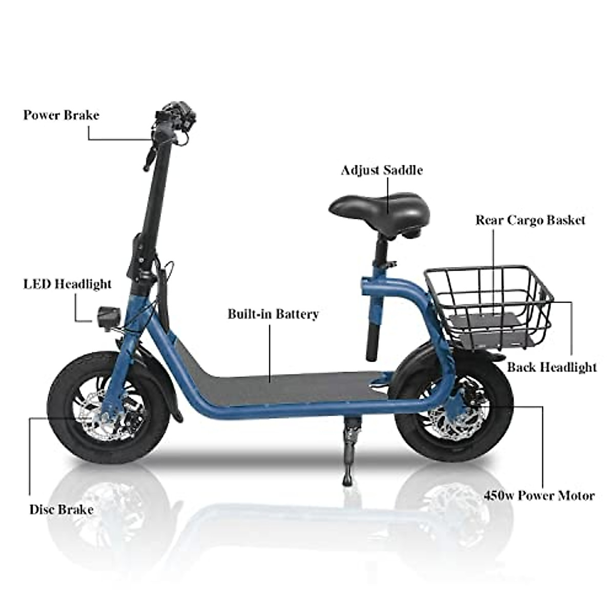 SEHOMY Foldable E Scooter with Adjustable Seat, 2 Wheels Scooters 450W Motor Battery, Lightweight Electric Moped for Adults Commuter - 15.5MPH, 20 Mile Range, Blue, 265lbs
