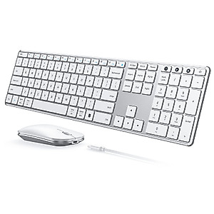 Wireless Bluetooth Keyboard and Mouse Combo (USB + Dual BT), seenda Multi-Device Rechargeable Slim Keyboard and Mouse, Compatible for Win 7/8/10, MacBook Pro/Air, iPad, Tablet - White Silver