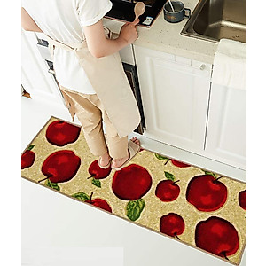 Wolala Home 3 Piece Sets Rubber Backing Non-Slip Red Apple Kitchen Rug and Mats Washable Durably Bath Area Rugs Doormat Thin