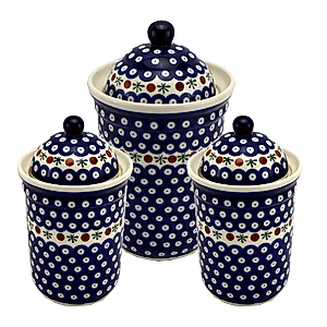 Polish Pottery Market 3-Piece Kitchen Canister Set - Handcrafted by Zaklady Boleslawiec – Polish Stoneware Canisters - Set Includes one large canister (80 oz) and two medium canisters (45 oz each)